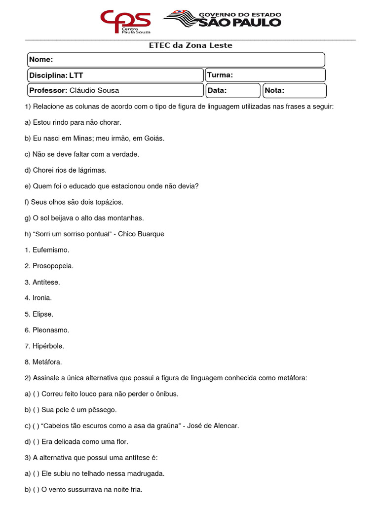 Exercícios Figuras de Linguagem LTT | PDF