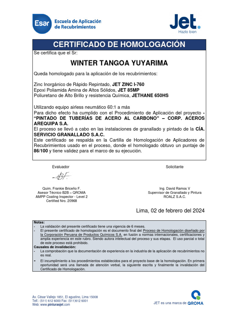 Certif. Homolog.-Pintor-Winter Tangoa Yuyarima | PDF