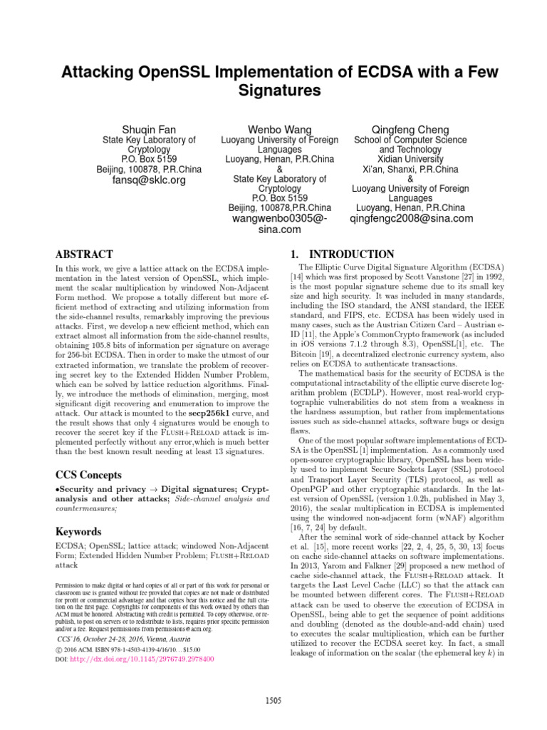 Attacking OpenSSL Implementation of ECDSA With A Few Signatures. | PDF | Transport Layer ...