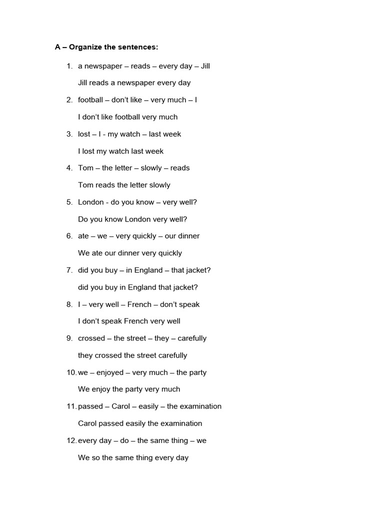 Organize Sentences - Word Order | PDF