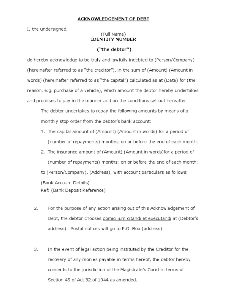Acknowledgement of Debt Sample | PDF | Debtor | Debt
