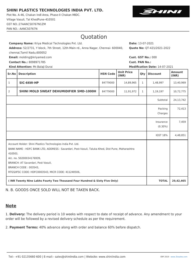 Quot Kriya Medical Technologies Pvt Ltd Qt 421 2021 2022 20220616044040 Pdf Sales 