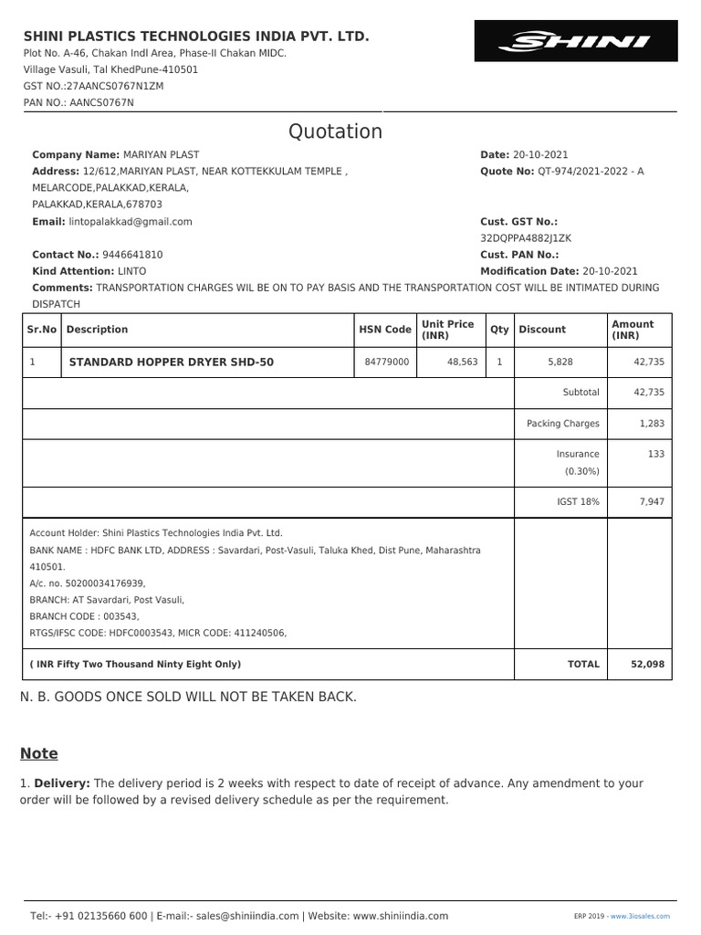 Quot - MARIYAN PLAST-QT-974-2021-2022-20220616045540 | PDF ...