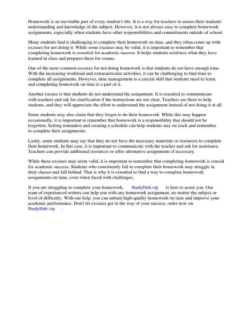 Good Excuses For Not Doing Homework | PDF | Homework | Teachers