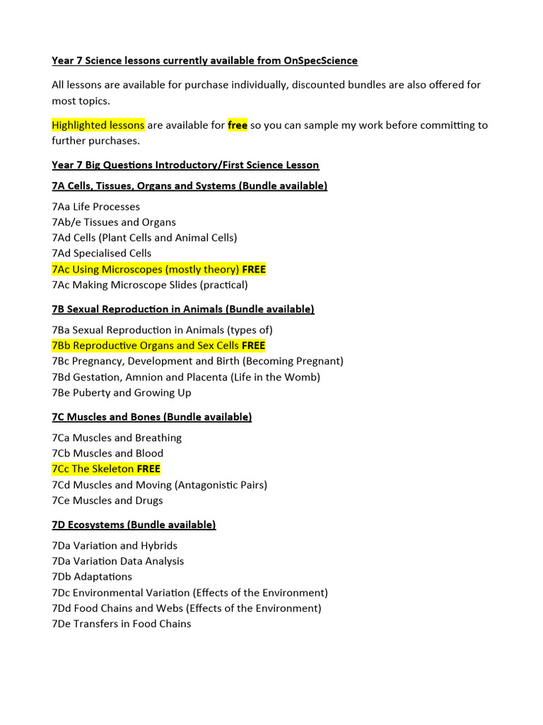 Year 7 Science Lessons Checklist | PDF
