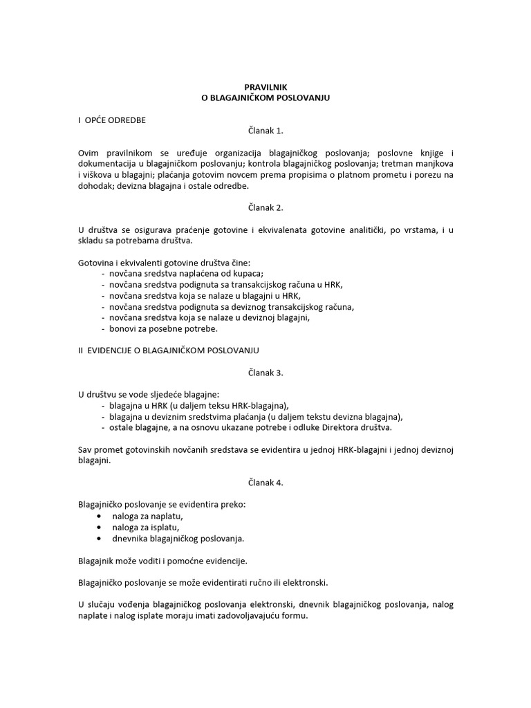 Primjer Pravilnika o Blagajnickom Poslovanju | PDF