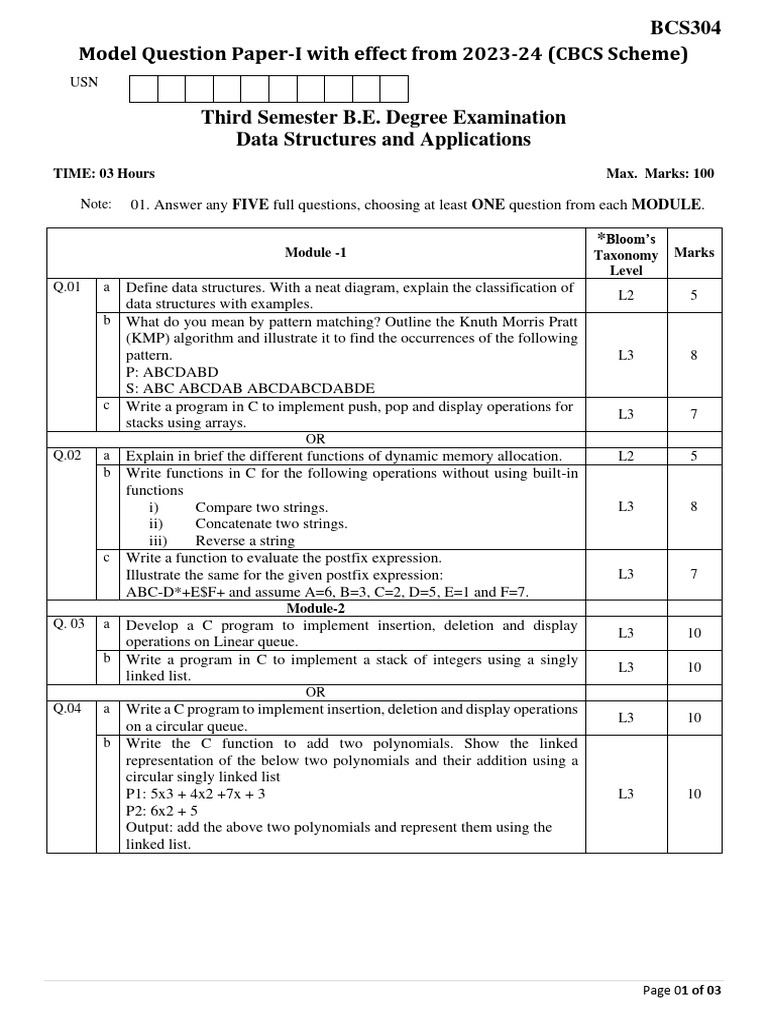 BCS304 Model Question Paper-I With Effect From 2023-24 (CBCS Scheme) | PDF | Queue (Abstract ...