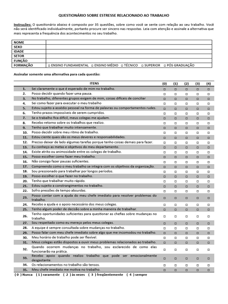 Questionário de Estresse no Trabalho | PDF