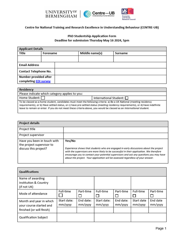 Centre Ub PHD Studentship Application Form 2024 | Download Free PDF ...
