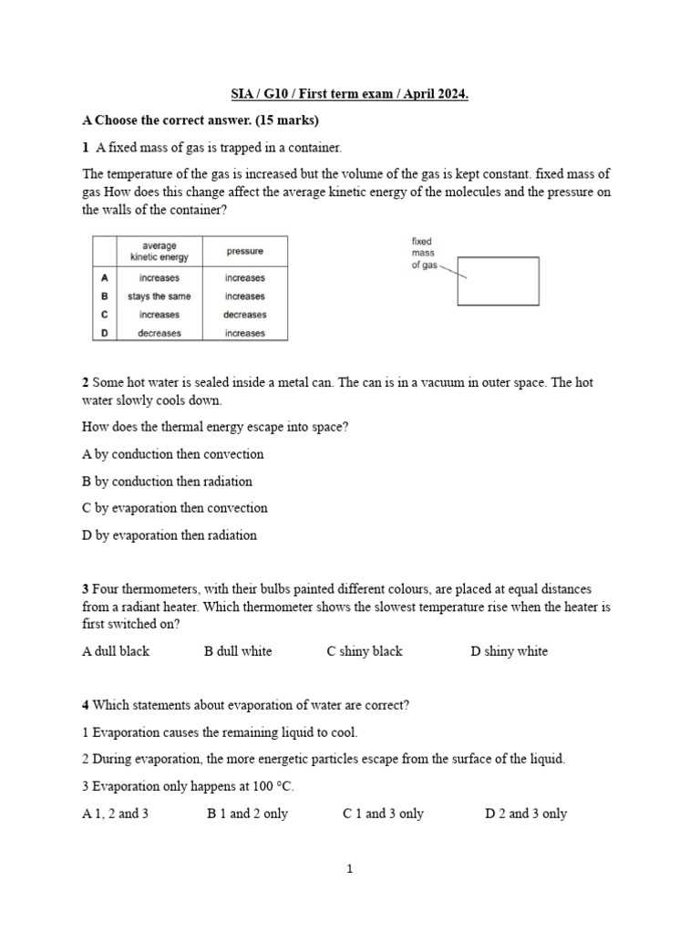 2024 April G10 First Term Exam | PDF | Gases | Evaporation