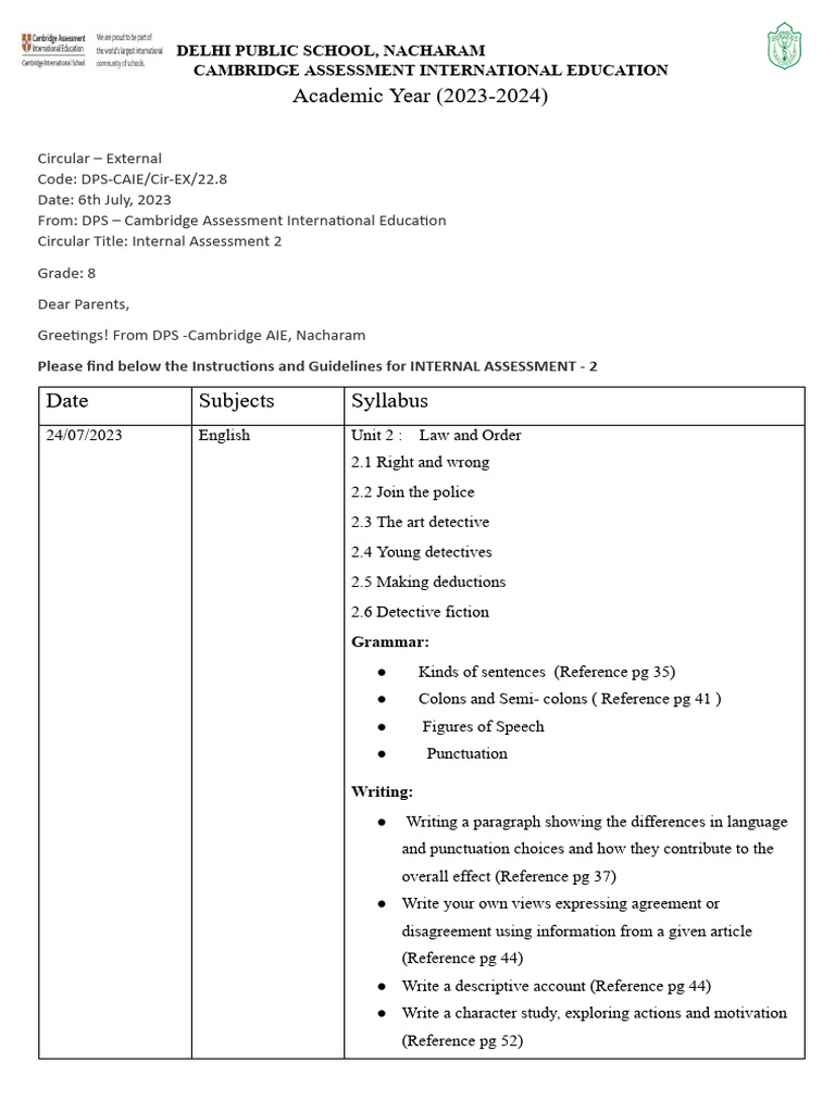 Grade 8 - IA - 2 Syllabus and Date Sheet | PDF