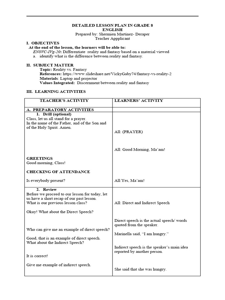 DLP DEMO - GRADE 8: ENGLISH (Reality vs. Fantasy) | PDF | Reality ...