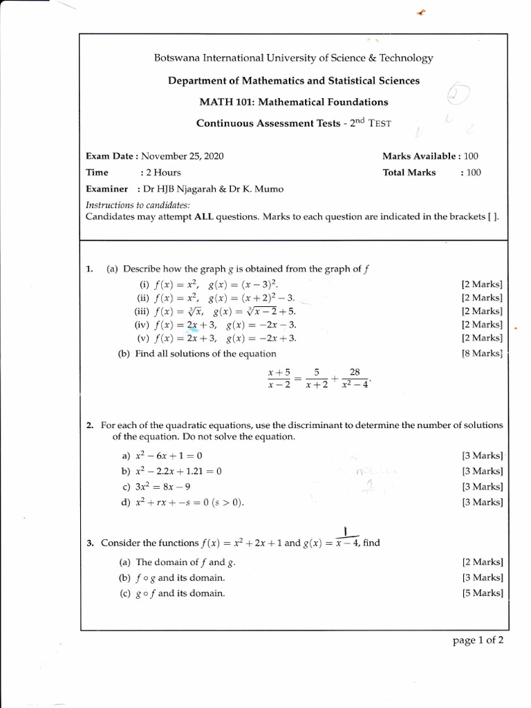 MATH 101 TEST 2-2020_20210926_0001 | PDF | Algebra | Mathematical Concepts