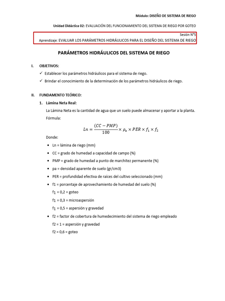 Separata N° 5 - PARÁMETROS HIDRÁULICOS DEL SISTEMA DE RIEGO | PDF | Riego | Evapotranspiración
