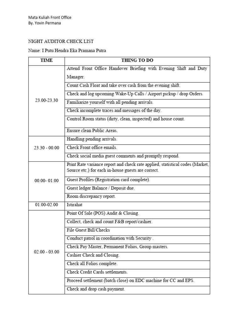 Night Auditor Check List | PDF | Point Of Sale | Credit Card