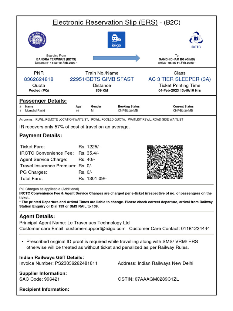 Electronic Reservation Slip (ERS) : 8362624818 22951/Bdts Gimb Sfast Ac ...