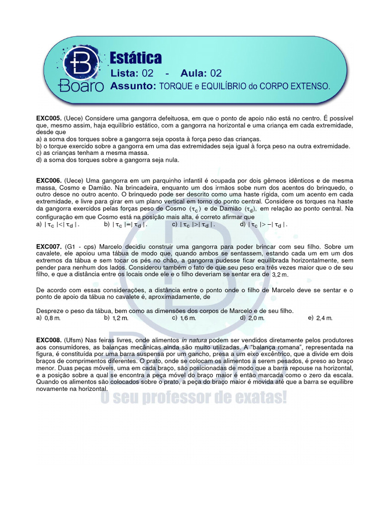 ESTÁTICA - LISTA 2 - Aula 2 - Torque e Equilíbrio do Corpo Extenso | PDF | Massa | Plutão
