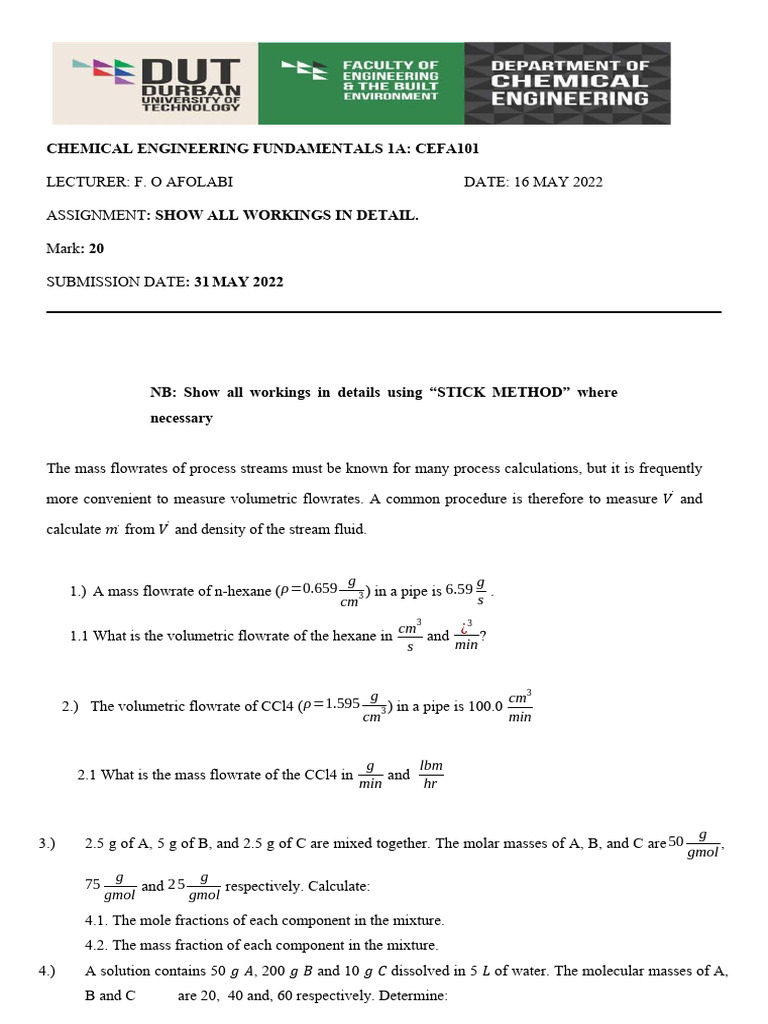 Cefa101 Assignment 2022. | PDF | Distillation | Mixture