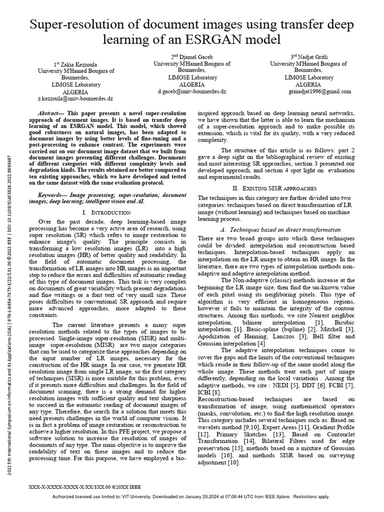 Super-Resolution of Document Images Using Transfer Deep Learning of An ESRGAN Model | PDF | Deep ...