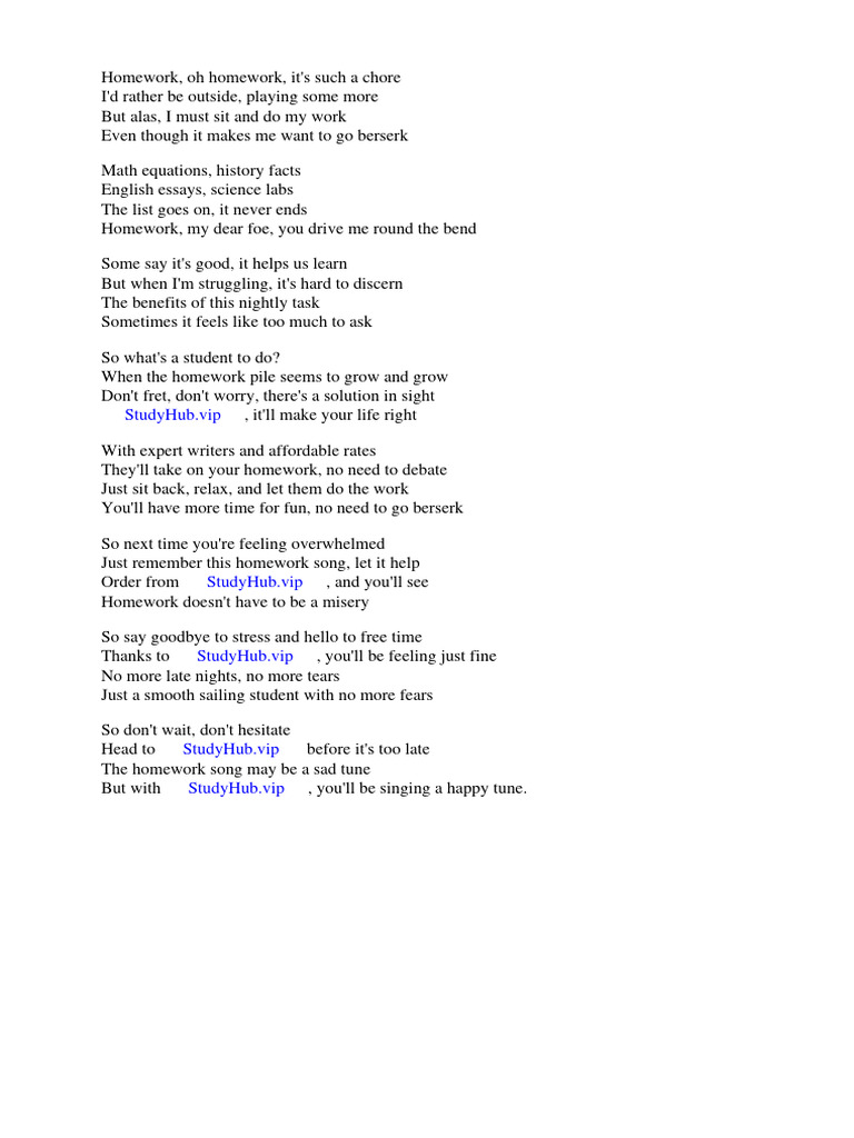 The Homework Song | PDF | You Tube | Homework