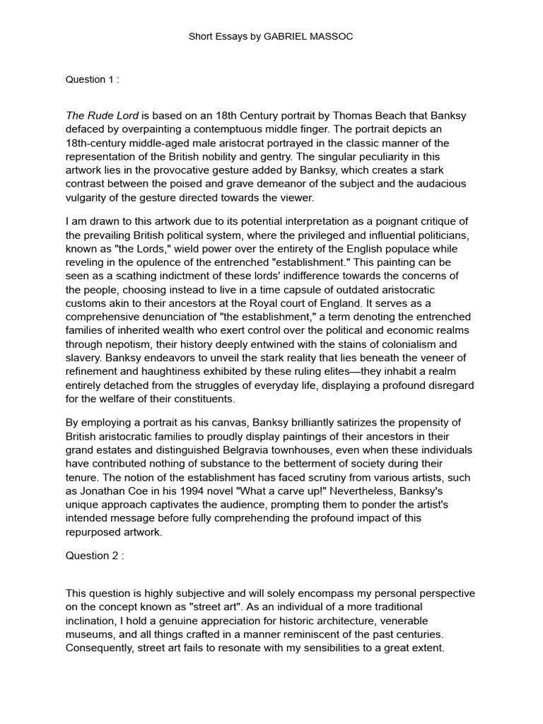 Banksy Essay Gabriel Massoc | PDF | Street Art | Nobility
