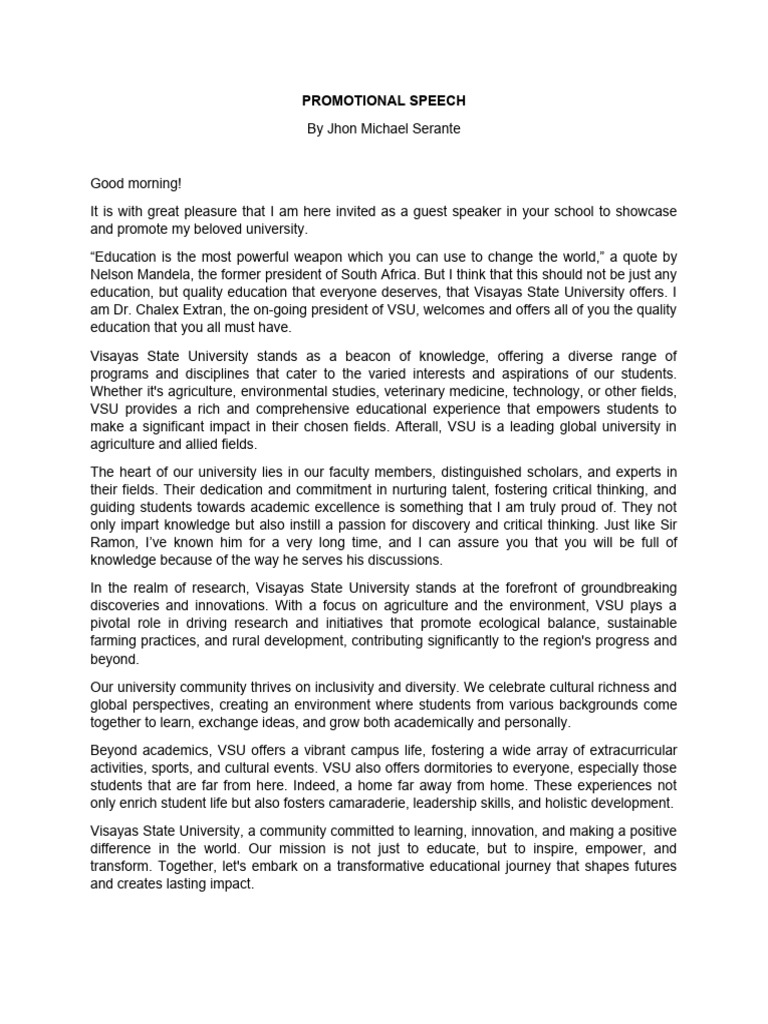 PROMOTIONAL SPEECH | PDF | University | Natural Environment