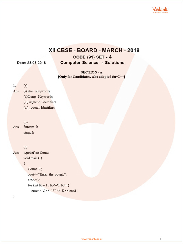 Previous Year Computer Science Question Paper For CBSE Class 12 - 2018 | Download Free PDF ...