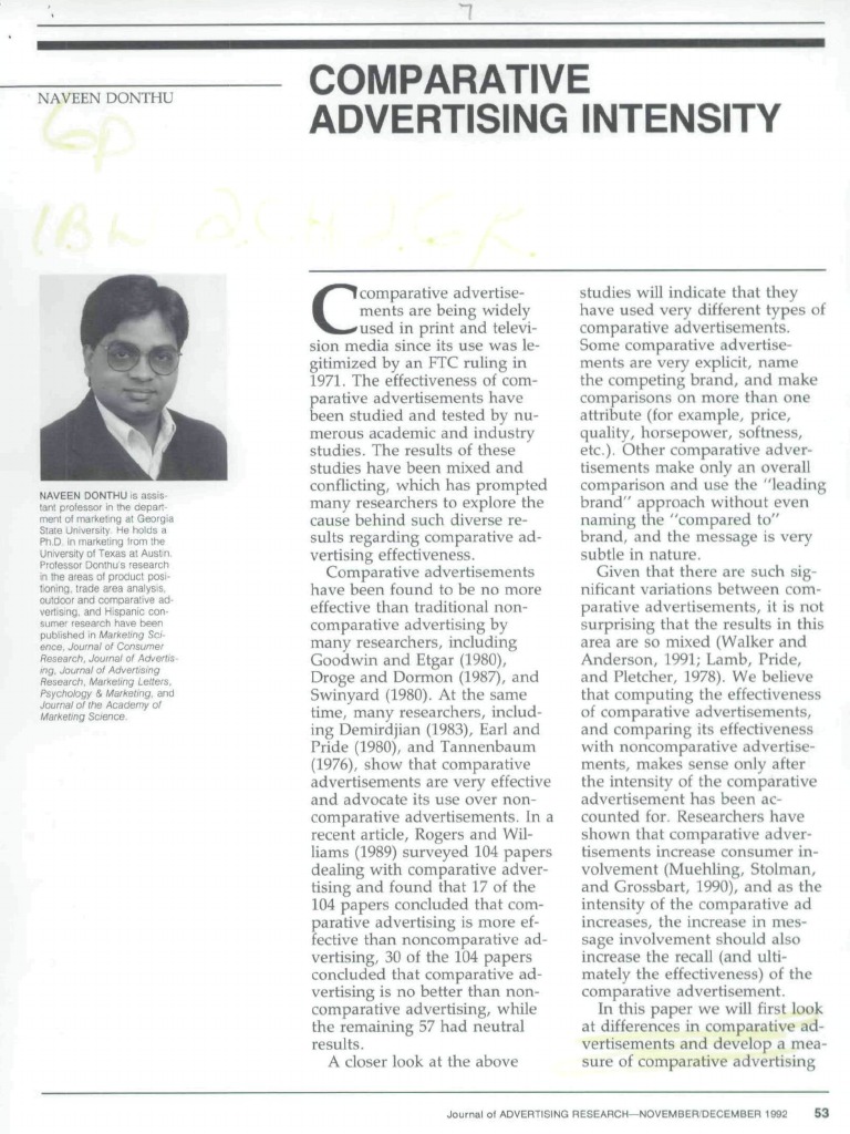 Comparative Advertising Intensity (Donthu 1992) | PDF | Attitude ...