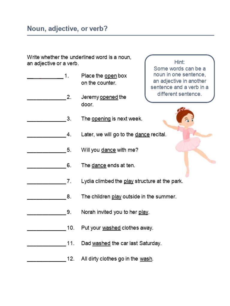 Identifying the Verb Noun and Adjective in a Sentence | PDF