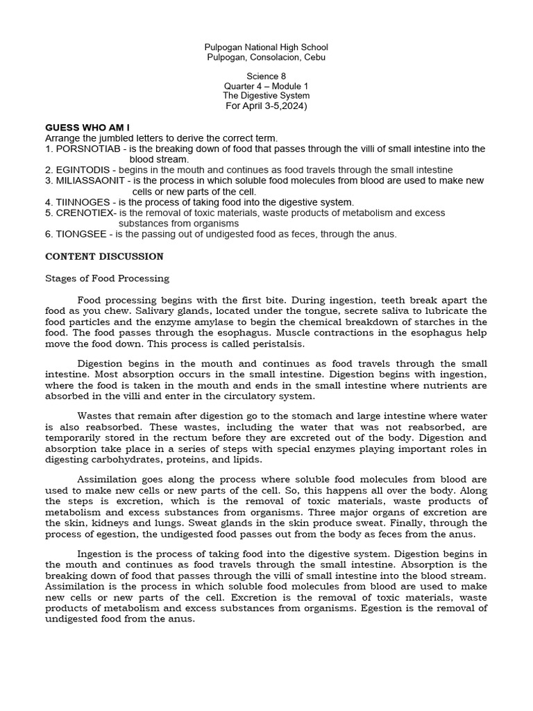 Science 8 Q4 1 | PDF | Digestion | Human Digestive System