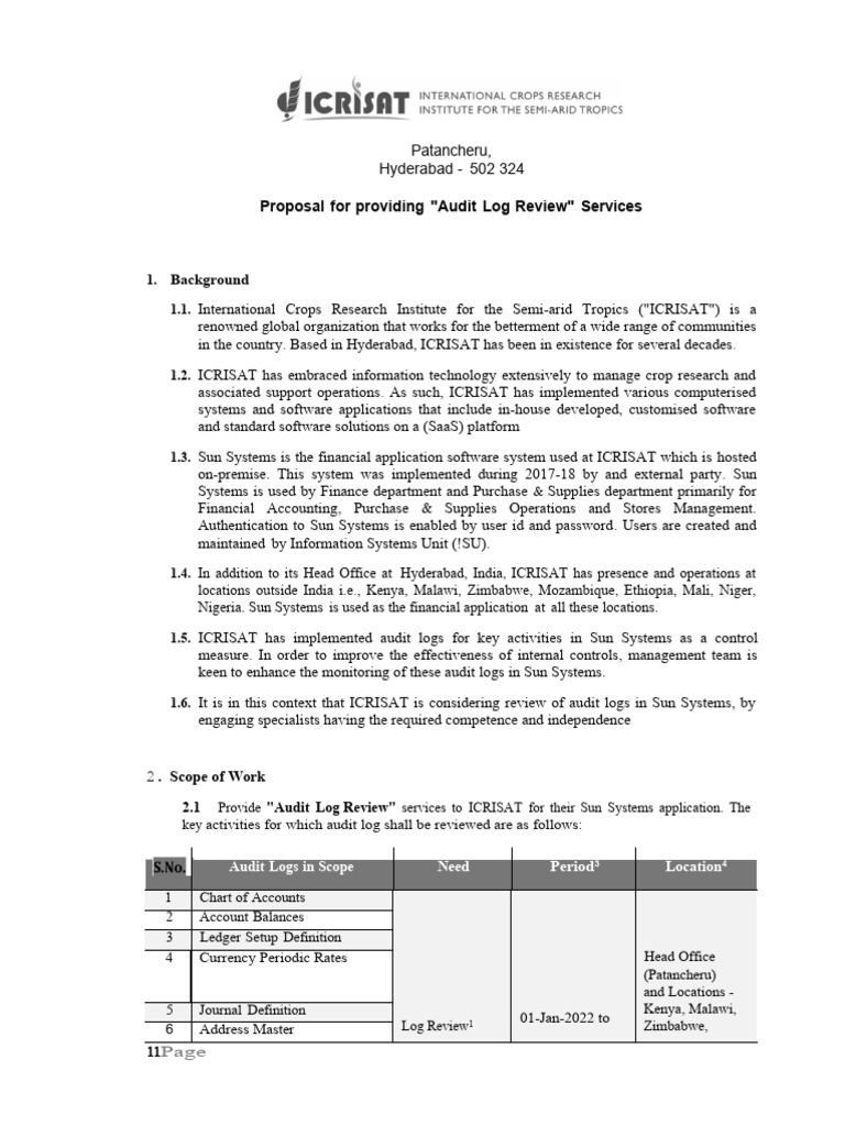 Audit Log Review Proposal for ICRISAT | PDF | Audit | Computing