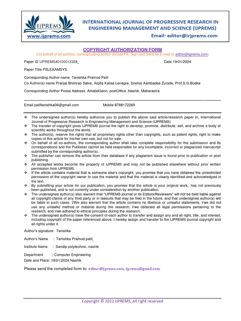 PSLEXAMSYS CopyrightForm | PDF | Copyright | Freedom Of Expression Law