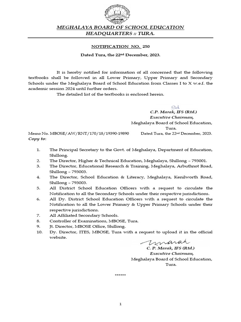 MBOSE Textbook Notification 2024 | PDF