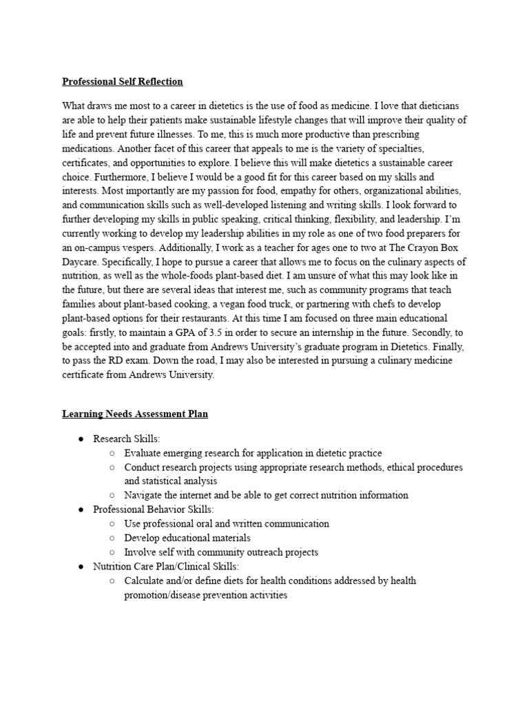 Portfolio Self Reflection | PDF | Dietitian | Diet (Nutrition)