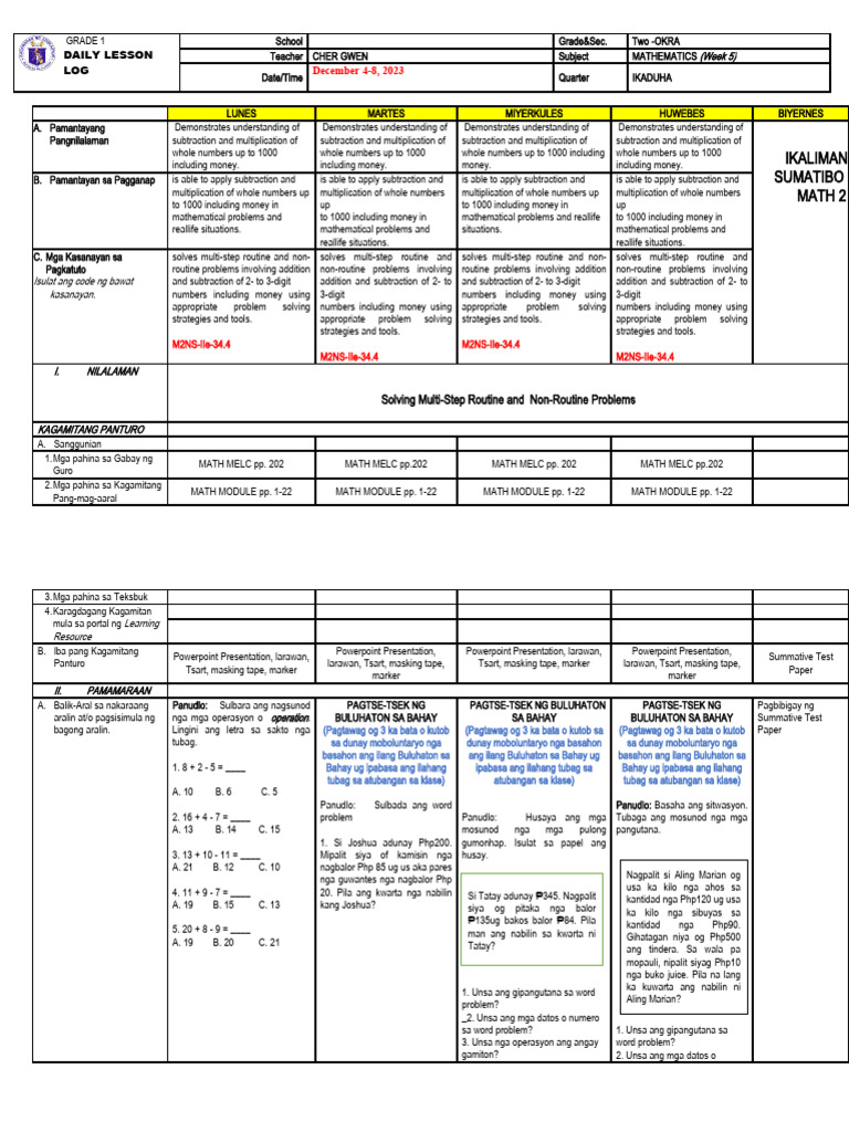 Q2 DLL Math2 Week-5 | PDF | Mathematics | Arithmetic