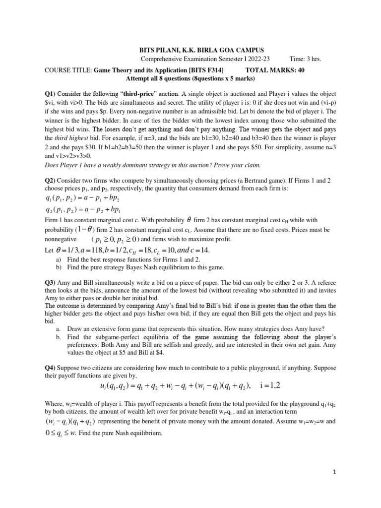 Game Theory Exam Questions 2022-23 | PDF | Economic Equilibrium ...