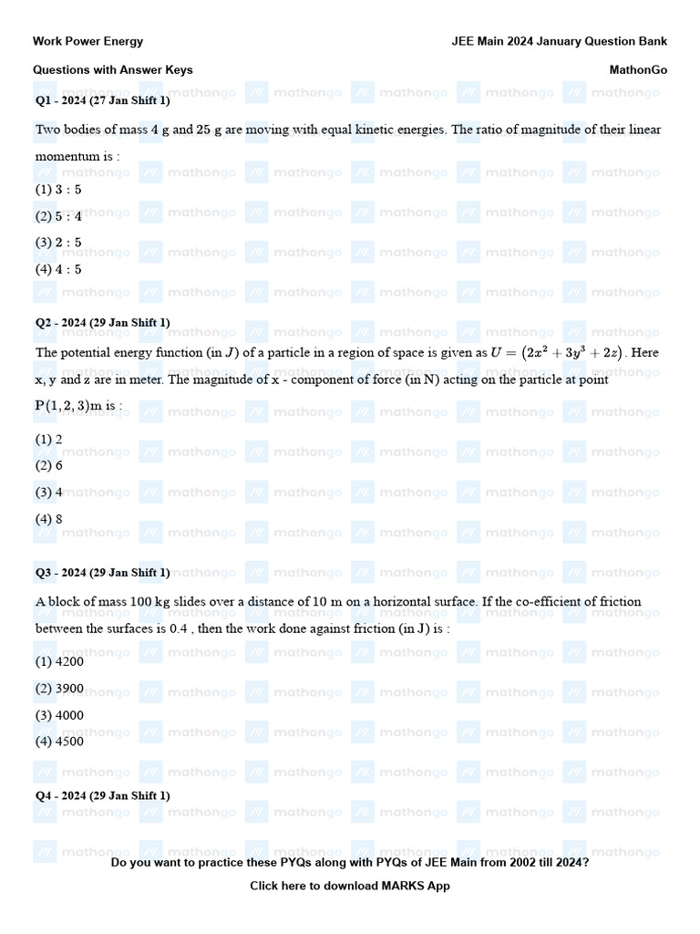 Work Power Energy - JEE Main 2024 January Question Bank - MathonGo | PDF | Theoretical Physics ...