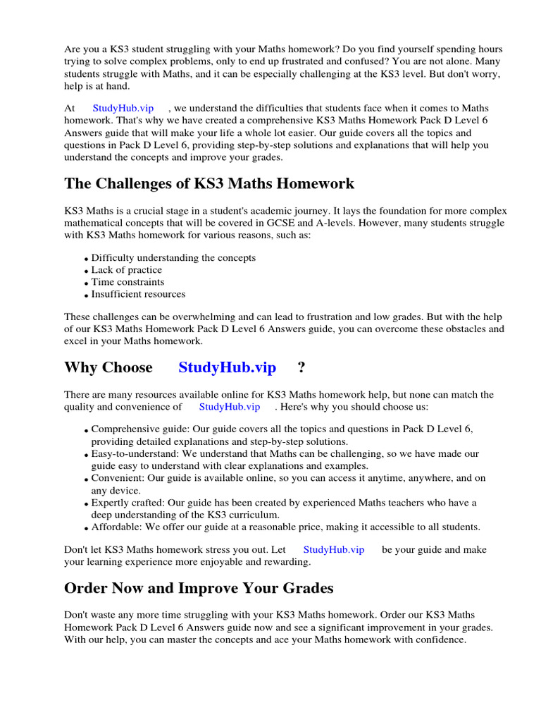 Ks3 Maths Homework Pack D Level 6 Answers | PDF | Websites | Homework