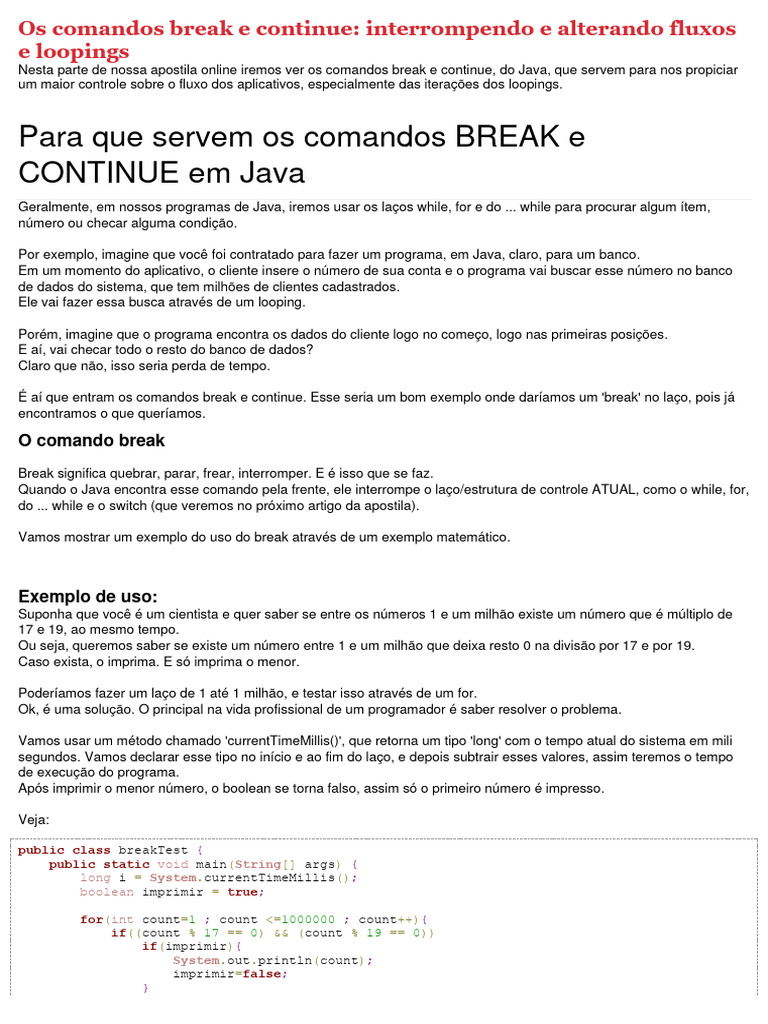 Os Comandos Break e Continue | PDF | Java (linguagem de programação ...