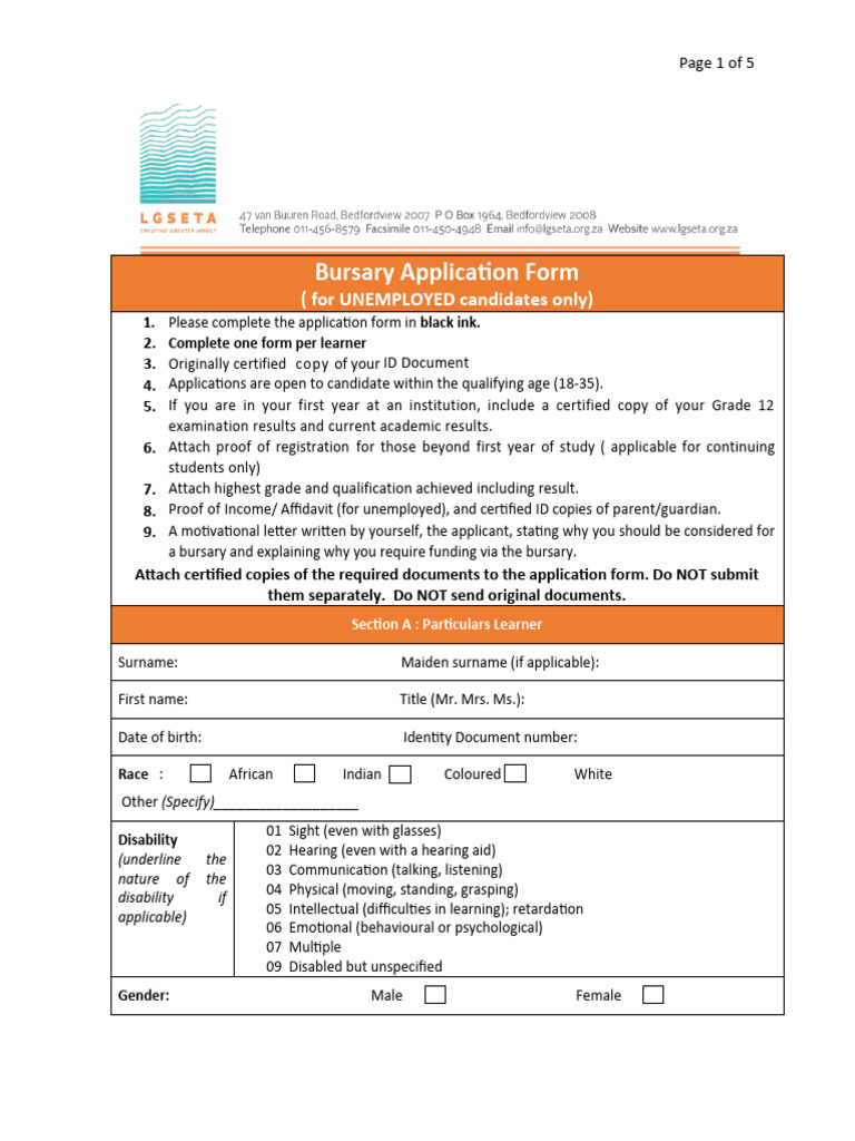 Bursary Learner Application Form 201623 | PDF | Internal Audit | Disability