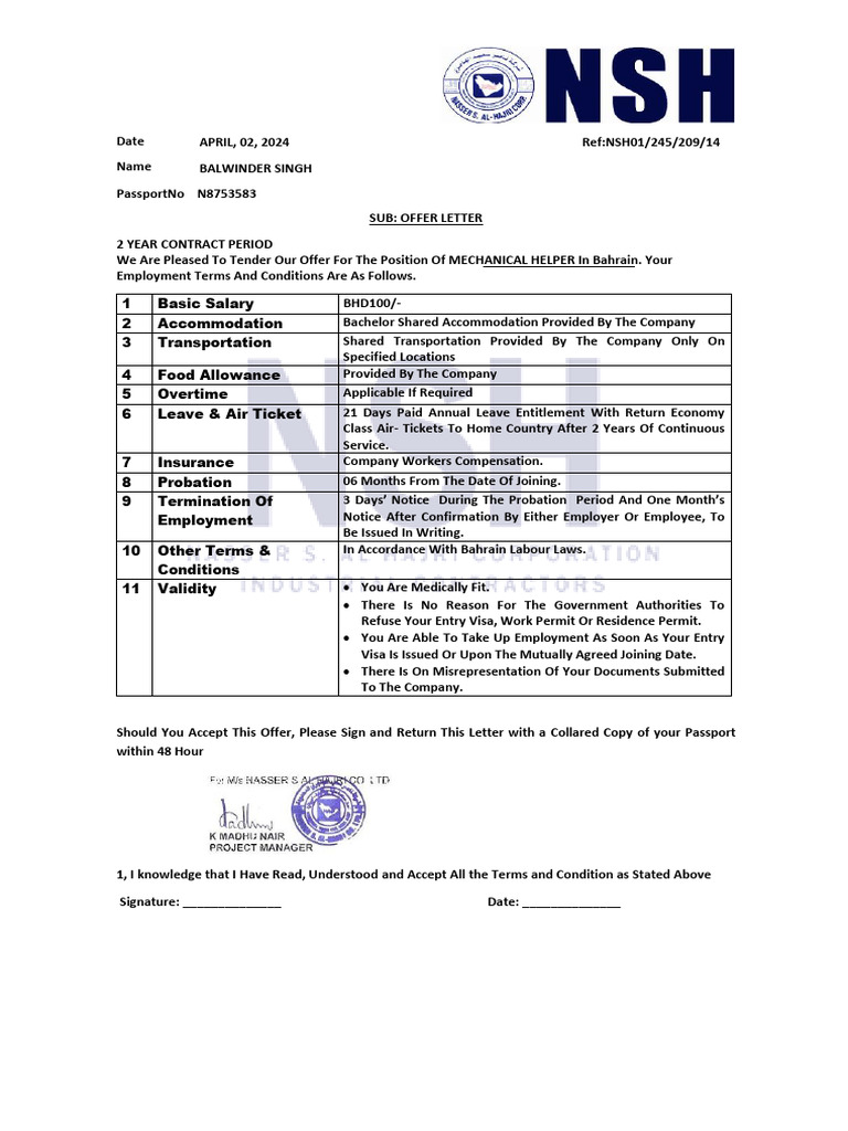 n8753583 NSH Bahrain Offer Letter | PDF