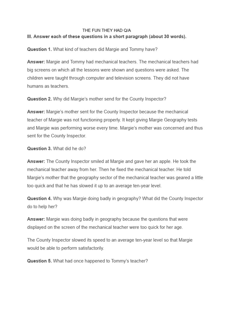 "The Fun They Had: Q&A Summary" | PDF | Question | Teachers