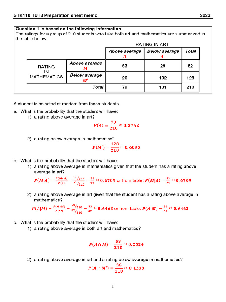 STK110 TUT 4 Preparation Sheet - 2023 Memo | PDF | Mathematics | Applied Mathematics