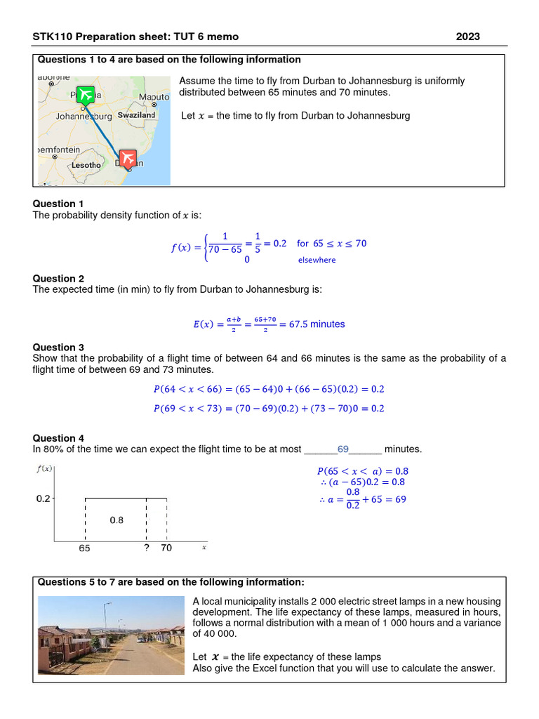 STK110 TUT 6 Preparation Sheet - 2023 Memo | PDF | Probability Theory