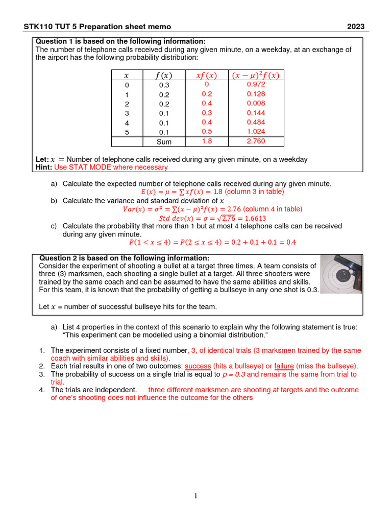 STK110 TUT 5 Preparation Sheet - 2023 Memo | PDF | Probability | Statistics