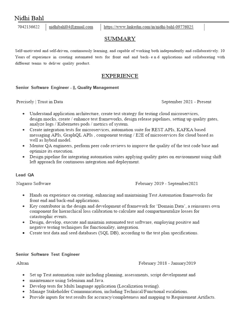 NidhiBahl QALead Resume | PDF | Selenium (Software) | Software Testing