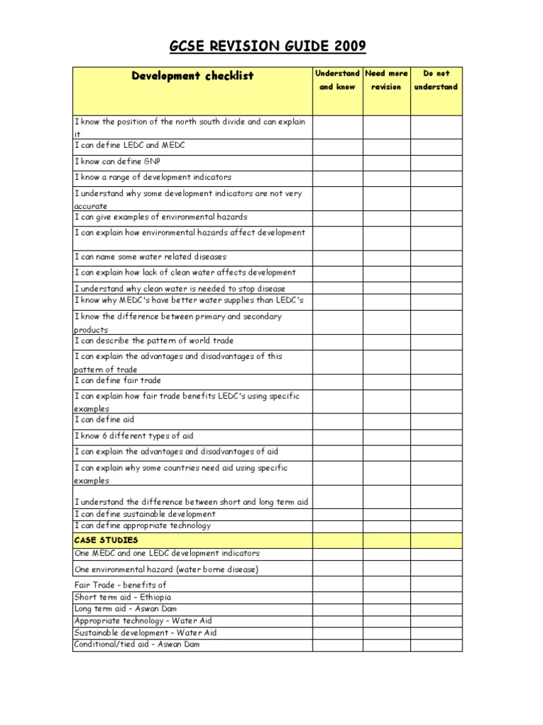 Gcse Revision Checklist River Coast