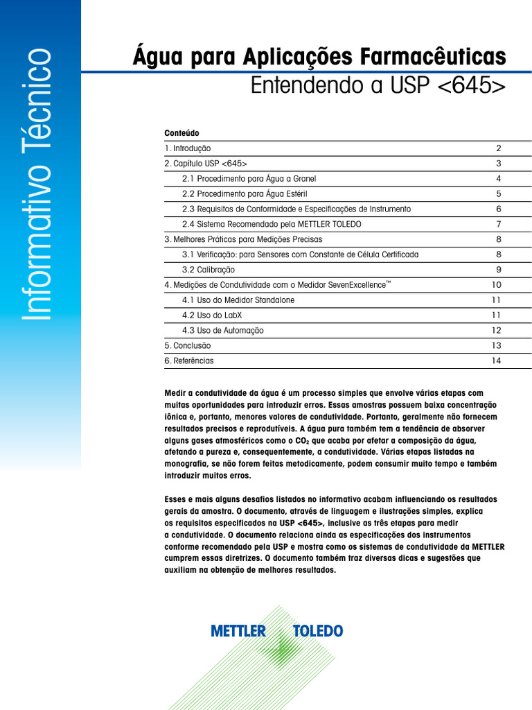 USP 645 Agua para aplicações Farmaceuticas | PDF | Ph | Medição