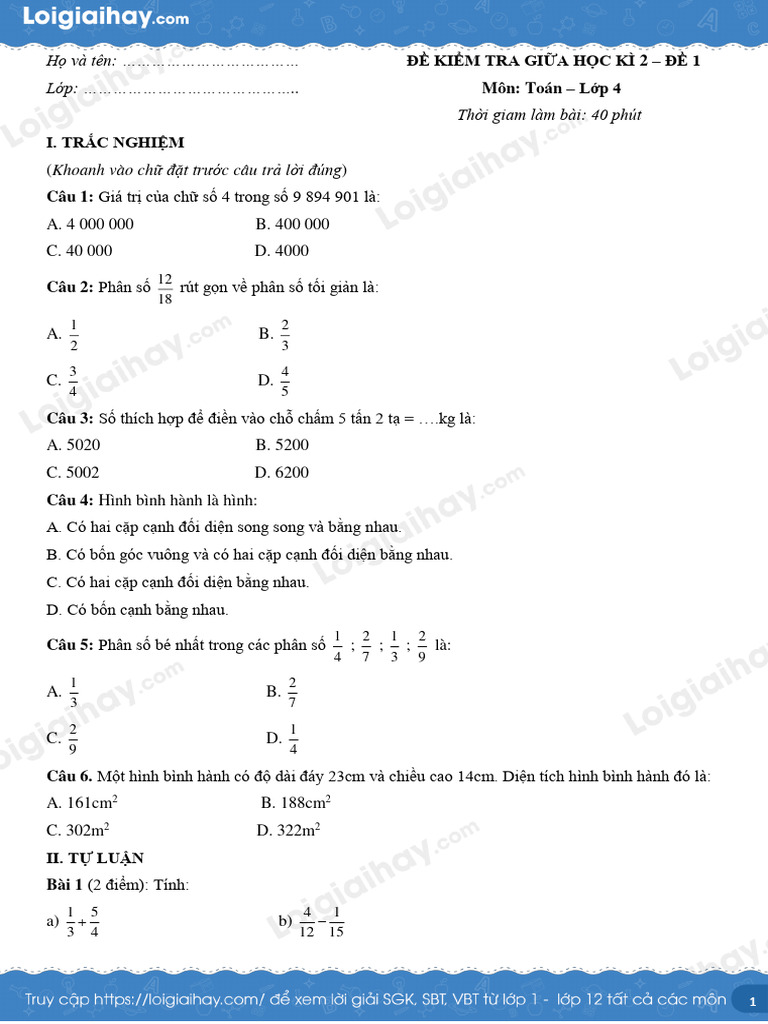 De So 1 de Kiem Tra Giua Hoc Ki 2 Toan Lop 4 1673428934 | PDF