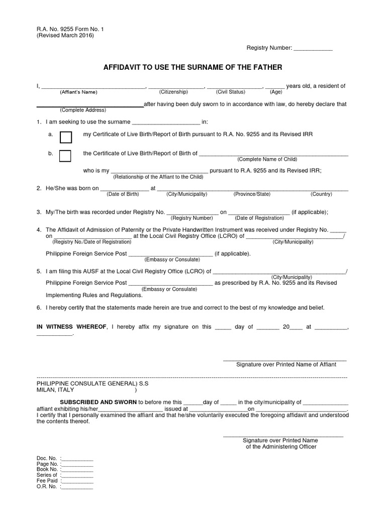 Affidavit To Use Surname of Father - FILLABLE | PDF | Affidavit | Birth ...
